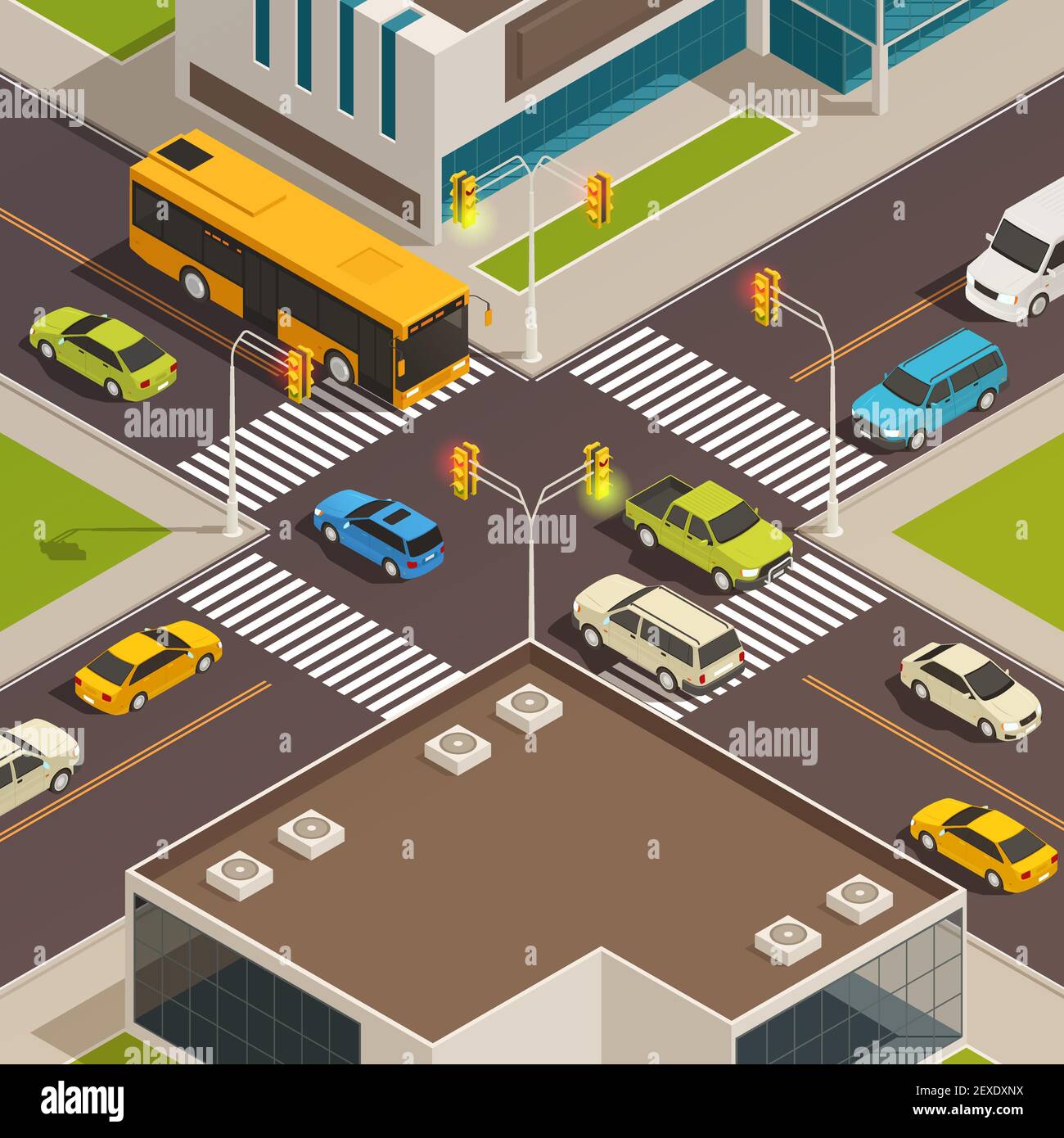 Colored and isolated city isometric composition with road and crosswalk ...