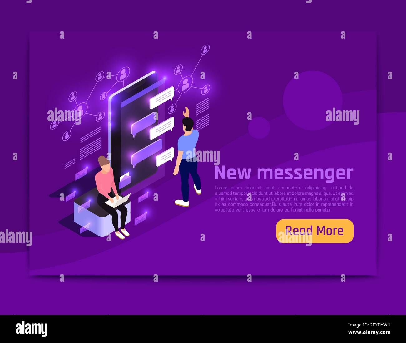 People and interfaces glow isometric banner with new messenger headline ...