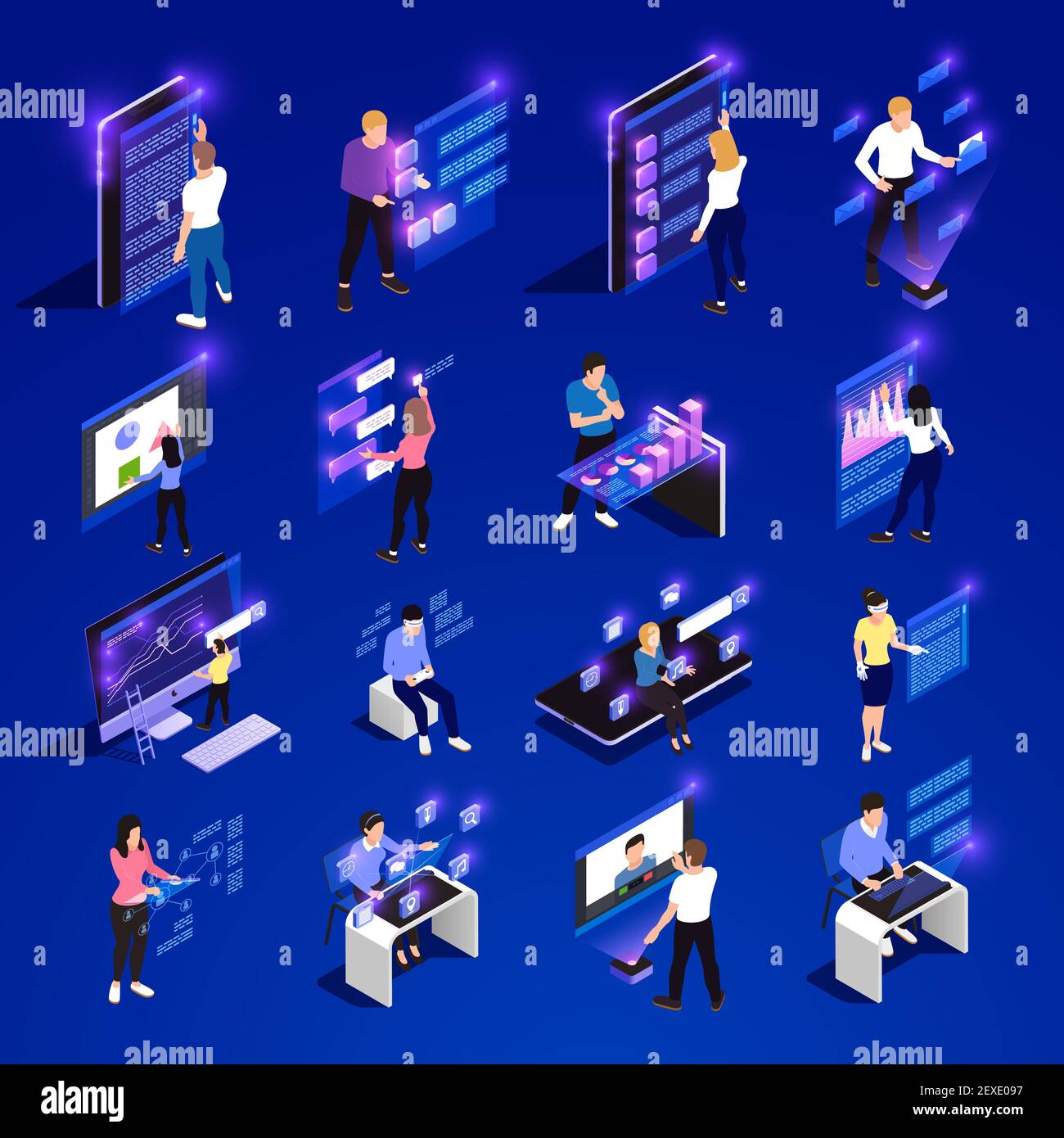 People and interfaces glow isometric icon set with cloud interfaces vr abstract smart elements ...
