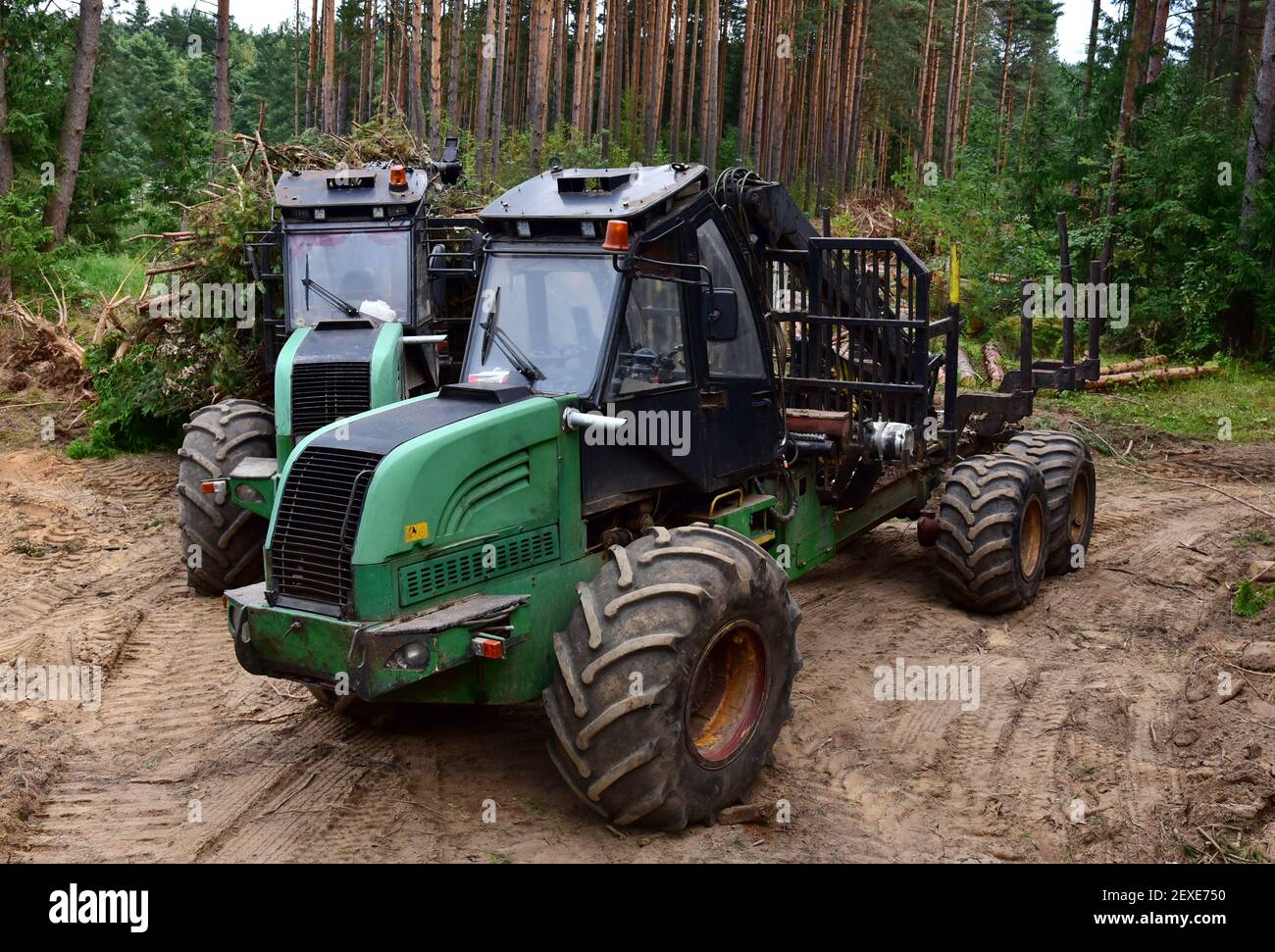 Crane forwarder machines at during clearing of a plantation. Wheeled ...