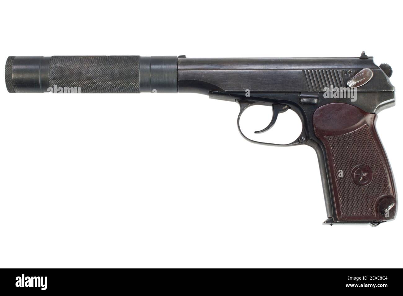 russian pistol with supressor (silencer) isolated on white background ...