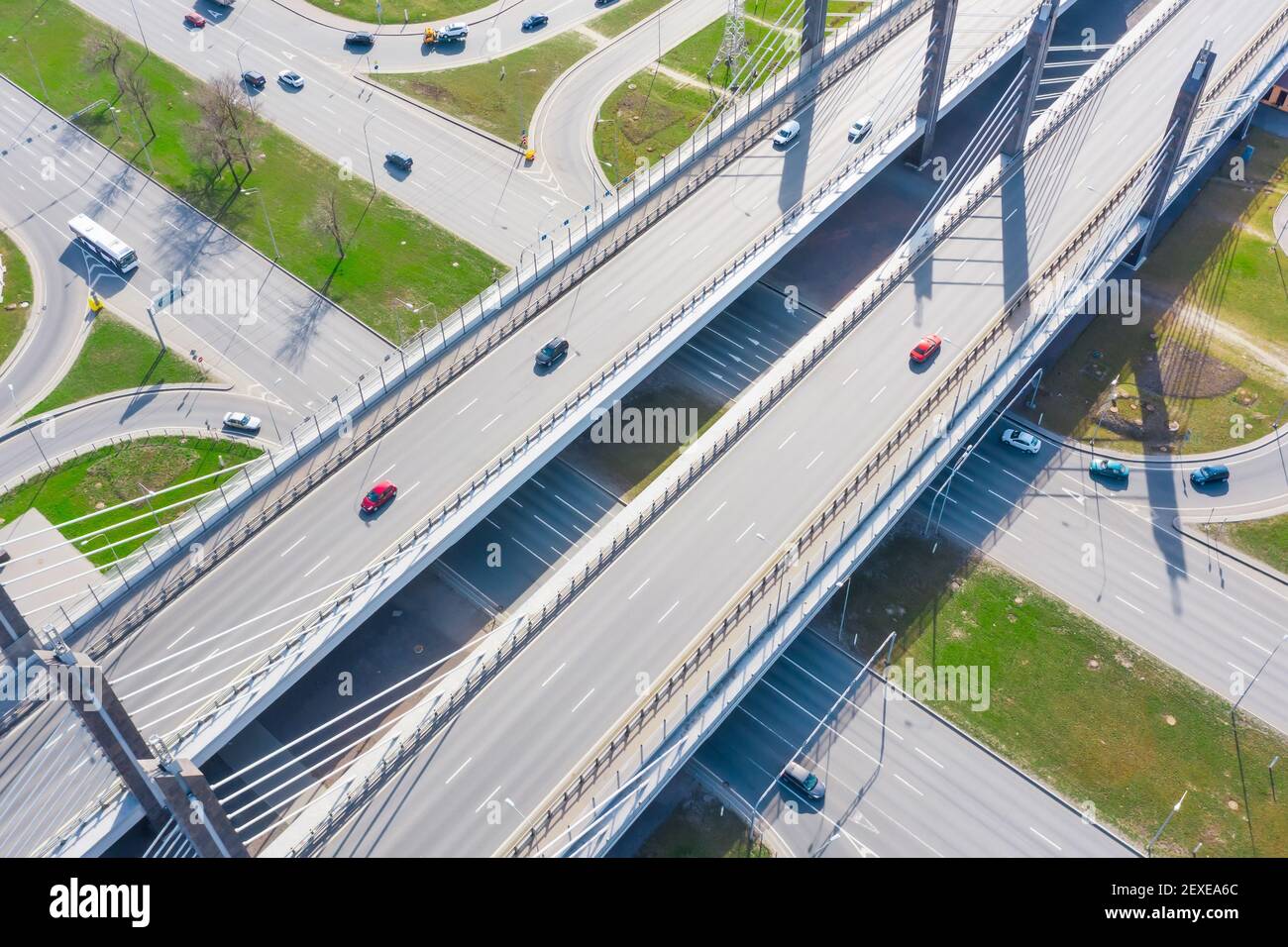 Crossroads of two major highways with cable-stayed bridge and road ...