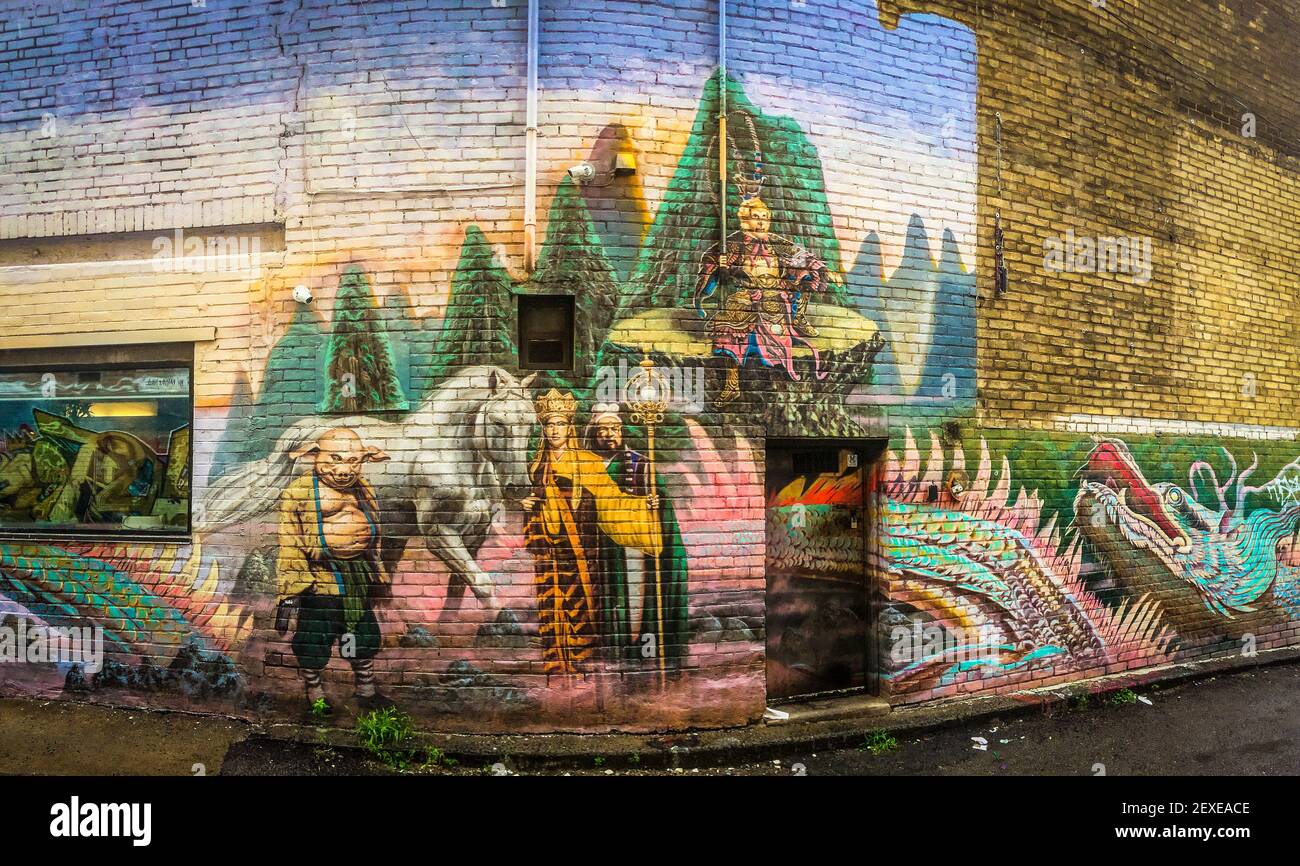 Alma, Canada, Sept 2019, view of a corner street mural in a Quebec town ...