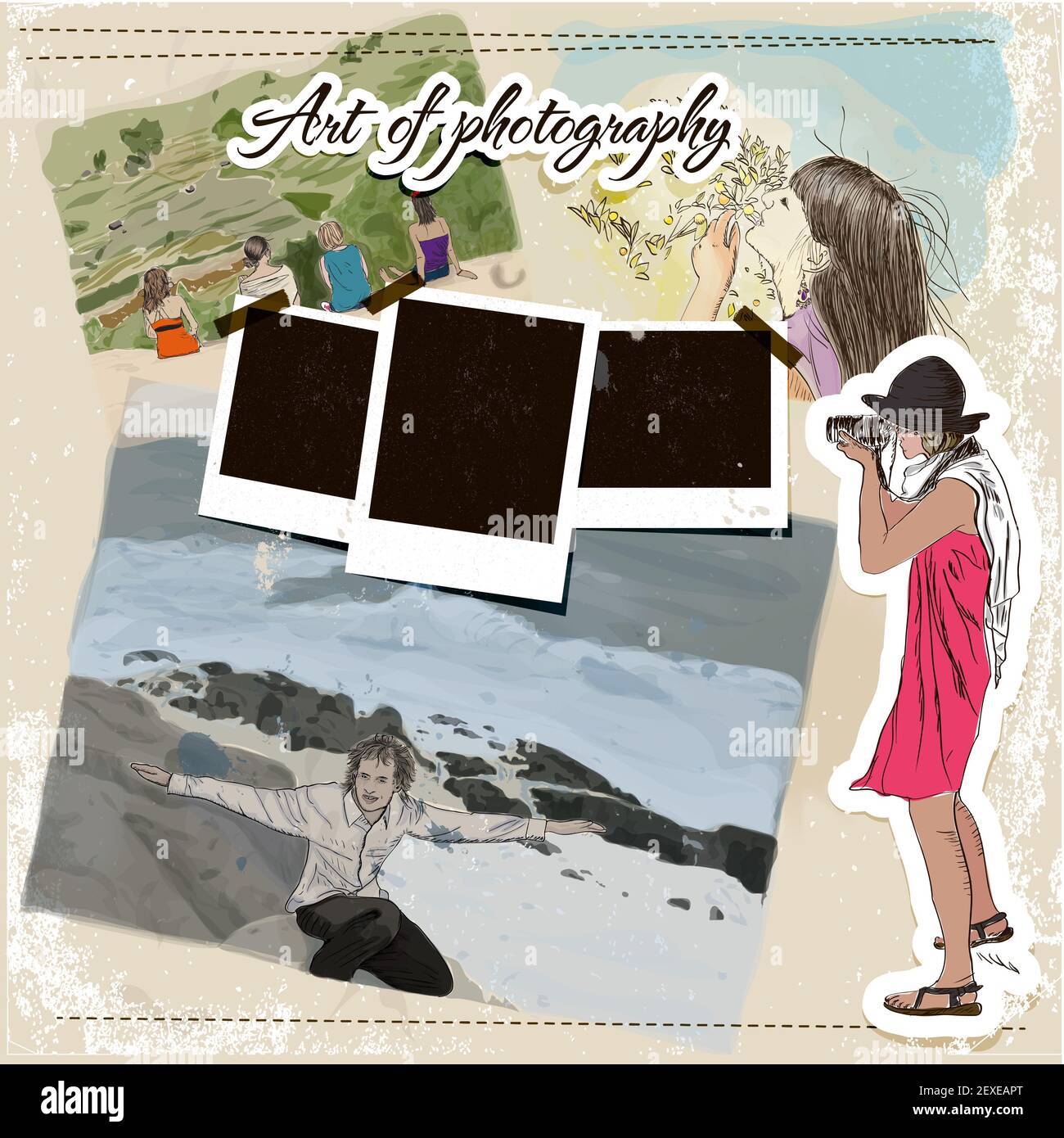 Scrap template with fashion photographer girl Stock Photo - Alamy