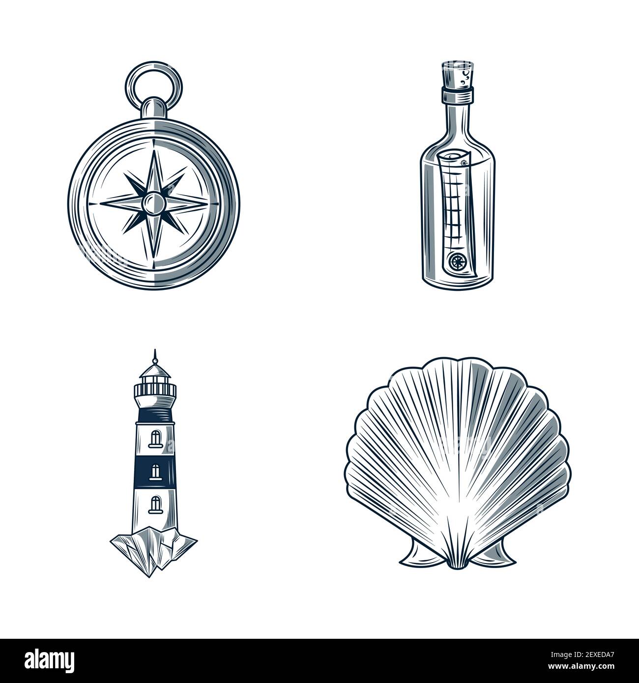 nautical compass seashell lighthouse sketch Stock Vector Image & Art ...