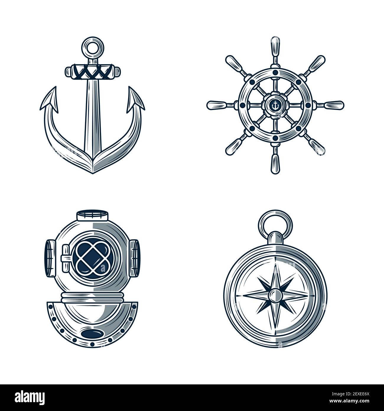 Steering wheel nautical sketch Cut Out Stock Images & Pictures - Alamy