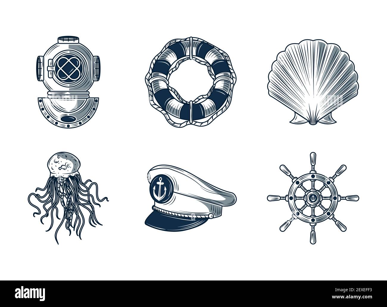 nautical hat seashell jellyfish lifebuoy Stock Vector Image & Art - Alamy