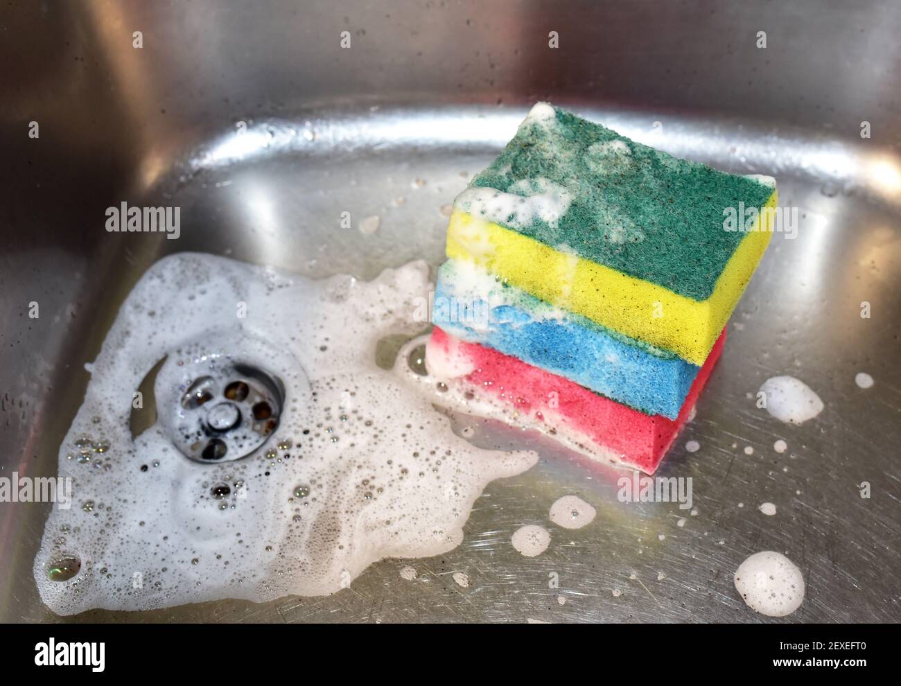 Sponge with detergent and foam while washing the sink in the kitchen ...