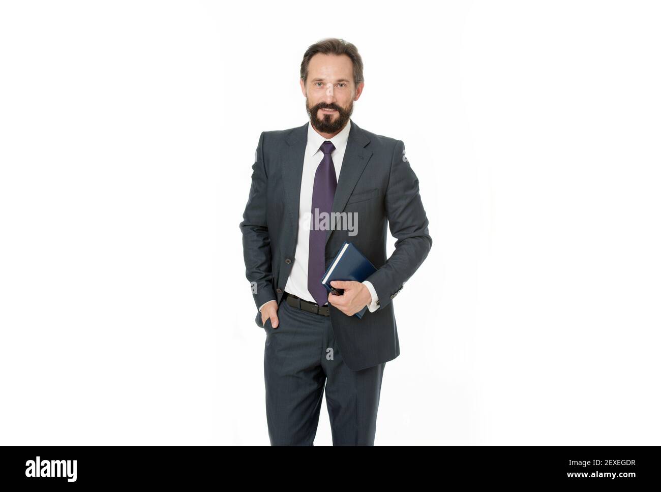 Well organized. Businessman planning schedule hold notepad. Man bearded ...