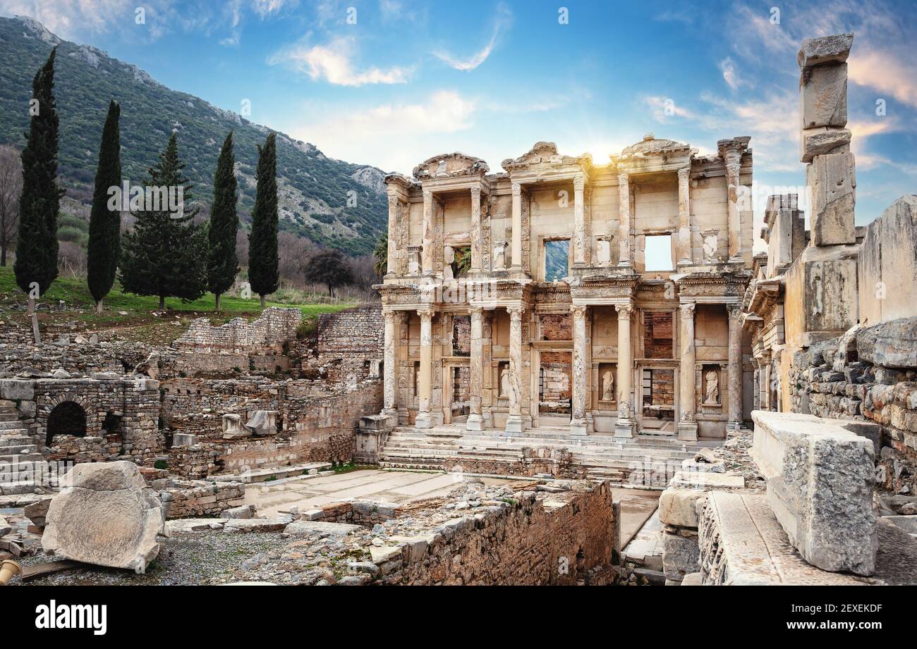 Facade of Library of Celsus in Ephesus in afternoon Stock Photo - Alamy