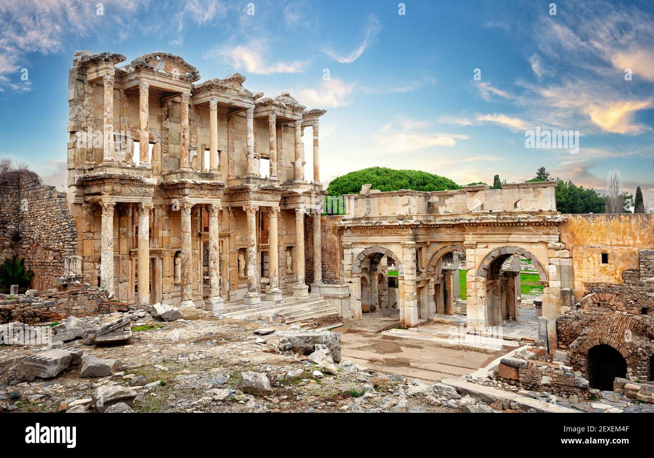 Library of Celsus in Ephesus under blue cloudy skies Stock Photo - Alamy