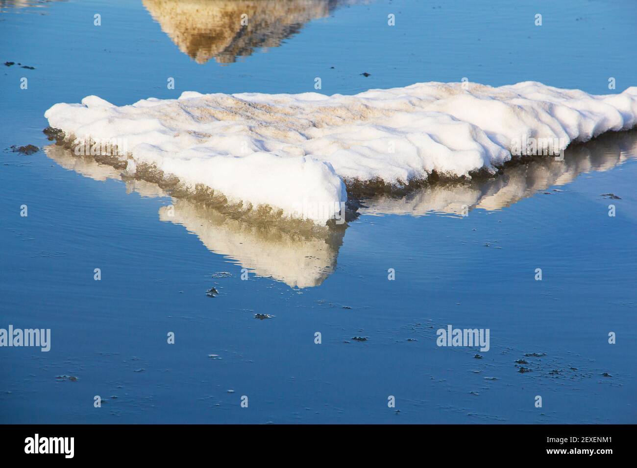 Close-up of a large piece of ice in blue water. Global warming, melting ...