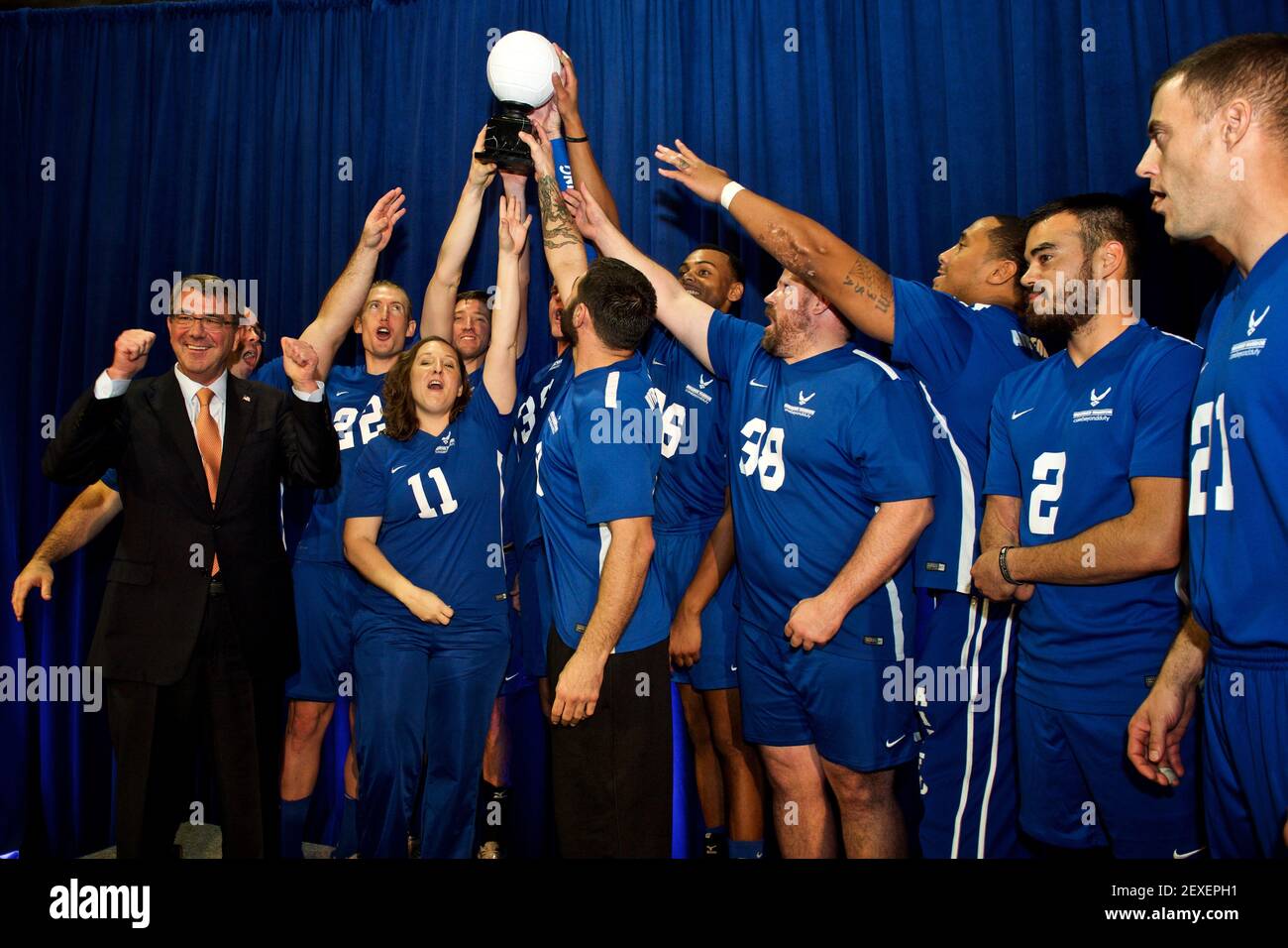 Secretary of Defense Ash Carter celebrates with Team Air Force at the ...