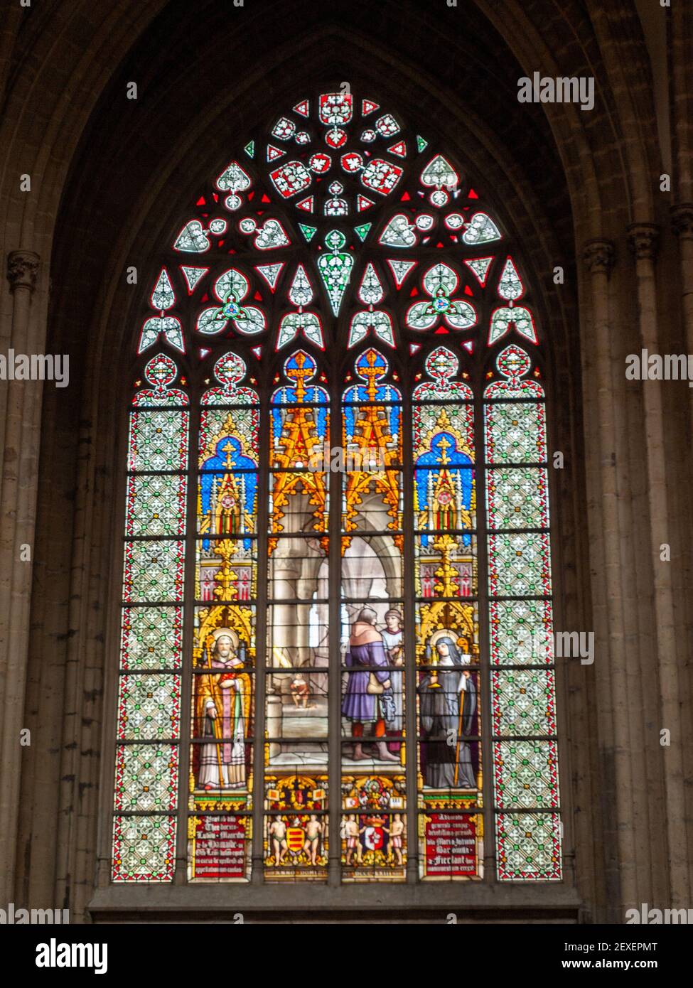 Stained glass window, Cathedral of St. Michael and St. Gudula Stock ...