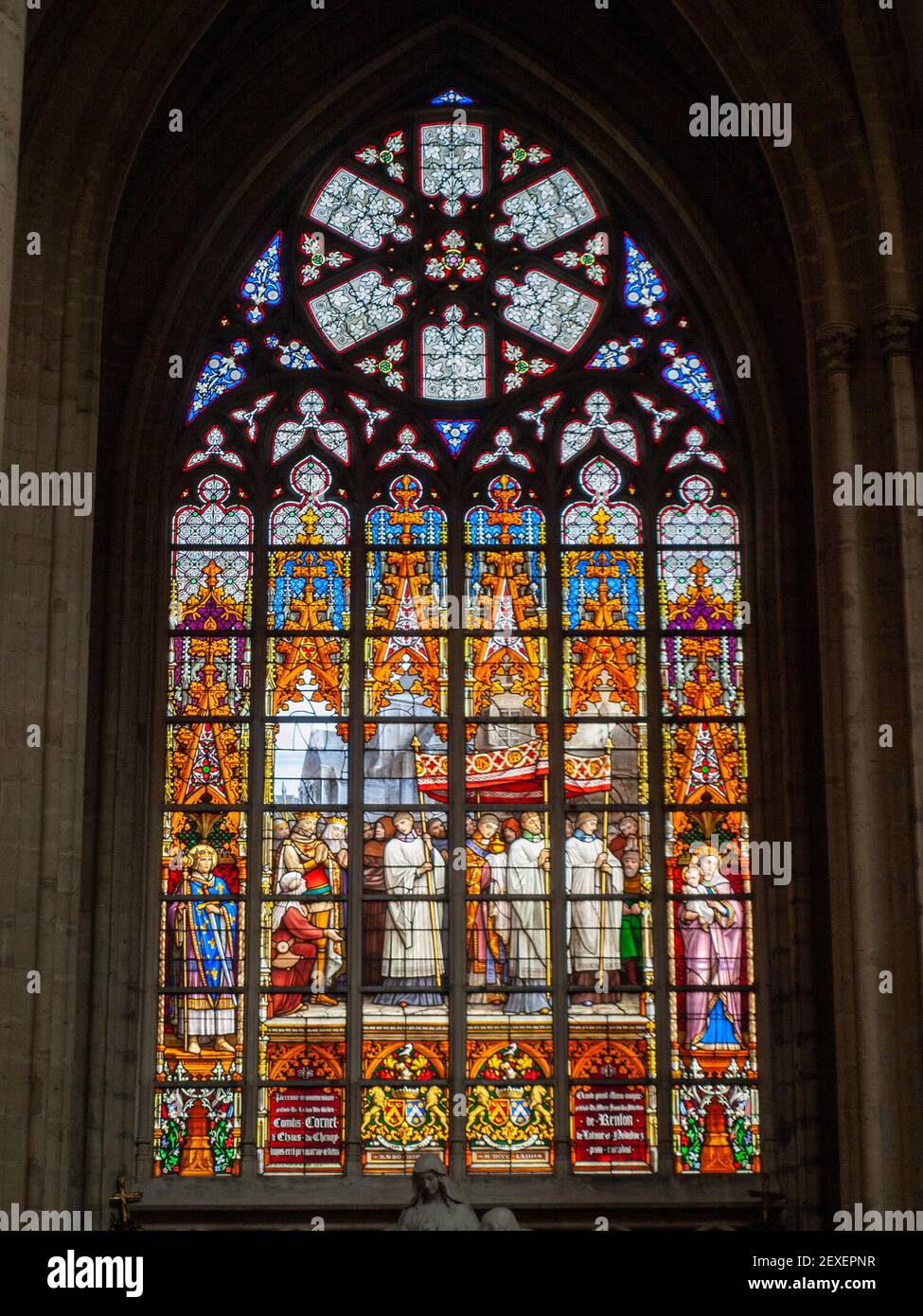Stained glass window, Cathedral of St. Michael and St. Gudula Stock ...