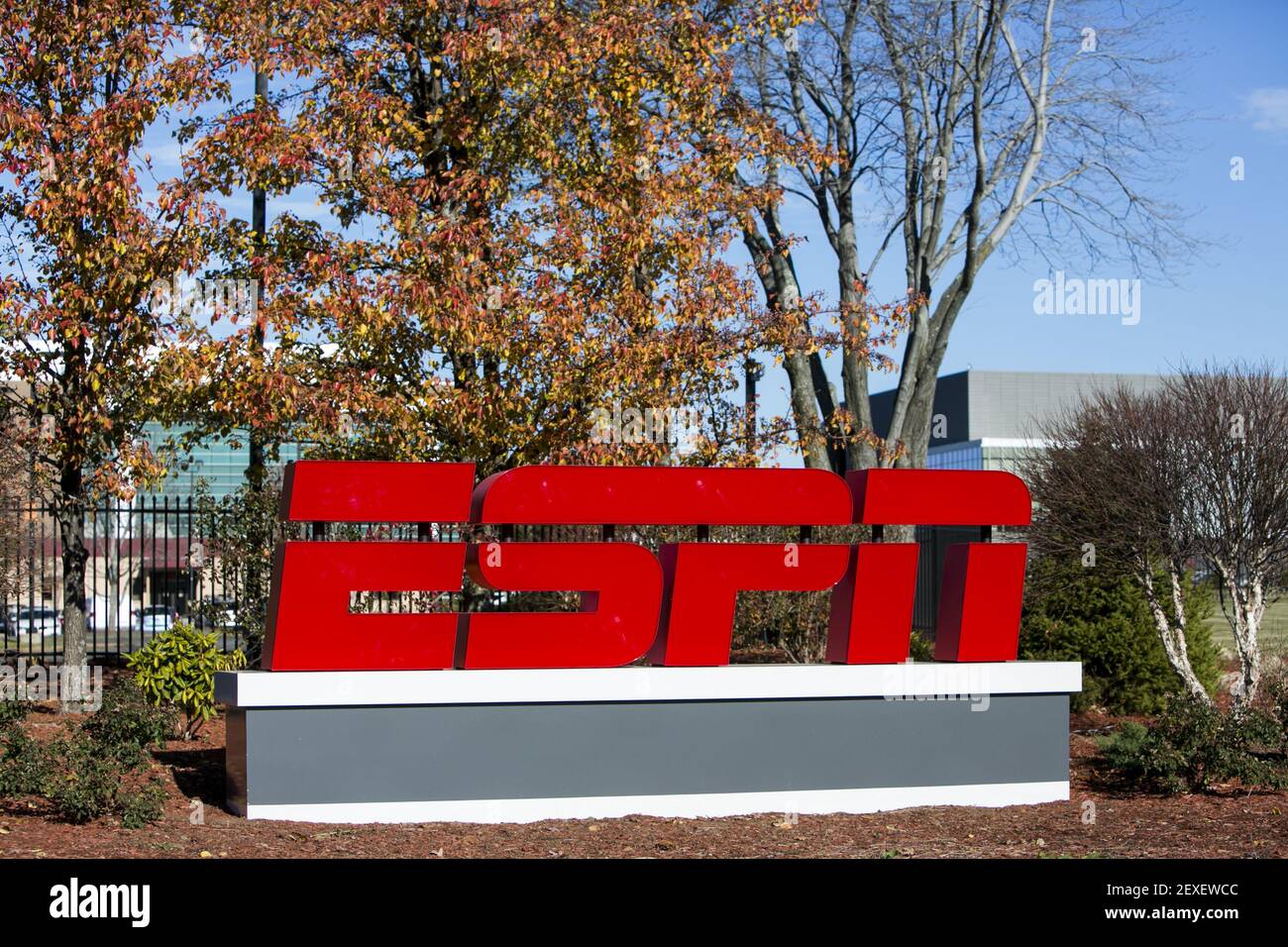 A logo sign outside of the headquarters of ESPN in Bristol, Connecticut ...