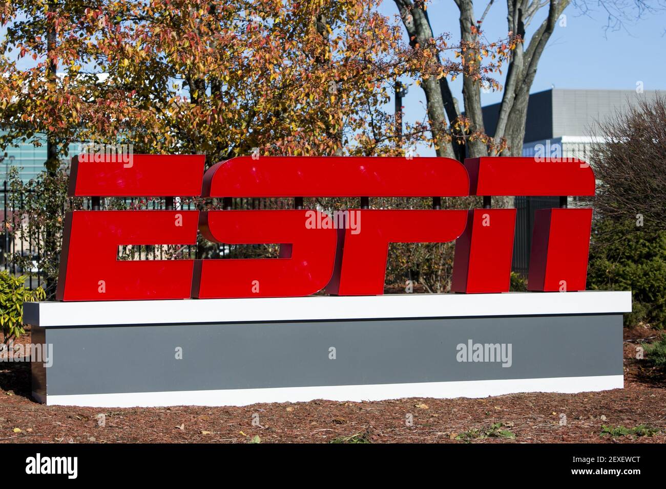 A logo sign outside of the headquarters of ESPN in Bristol, Connecticut ...