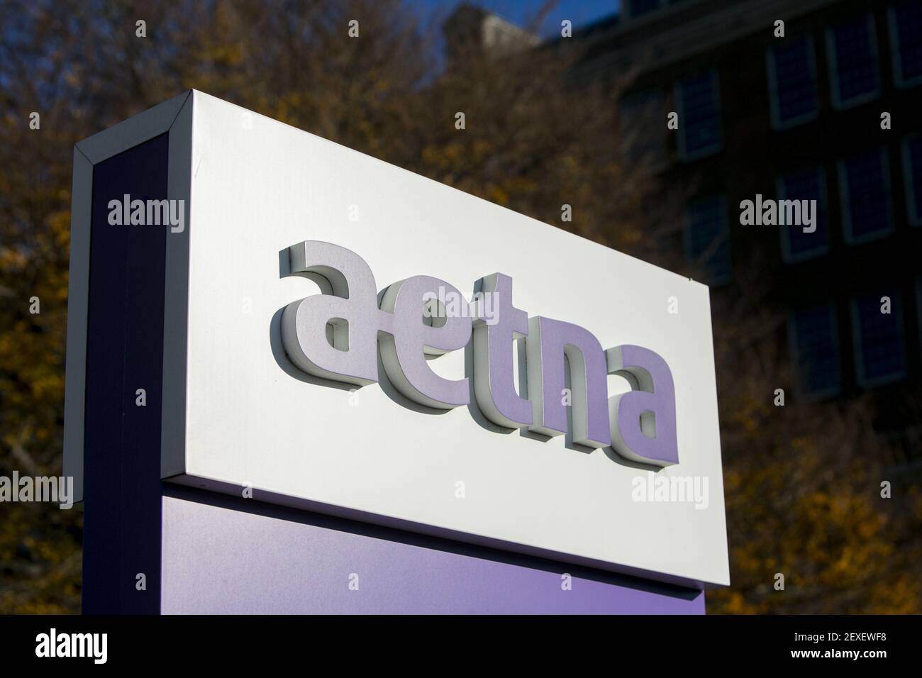 A logo sign outside of the headquarters of Aetna, Inc., in Hartford ...