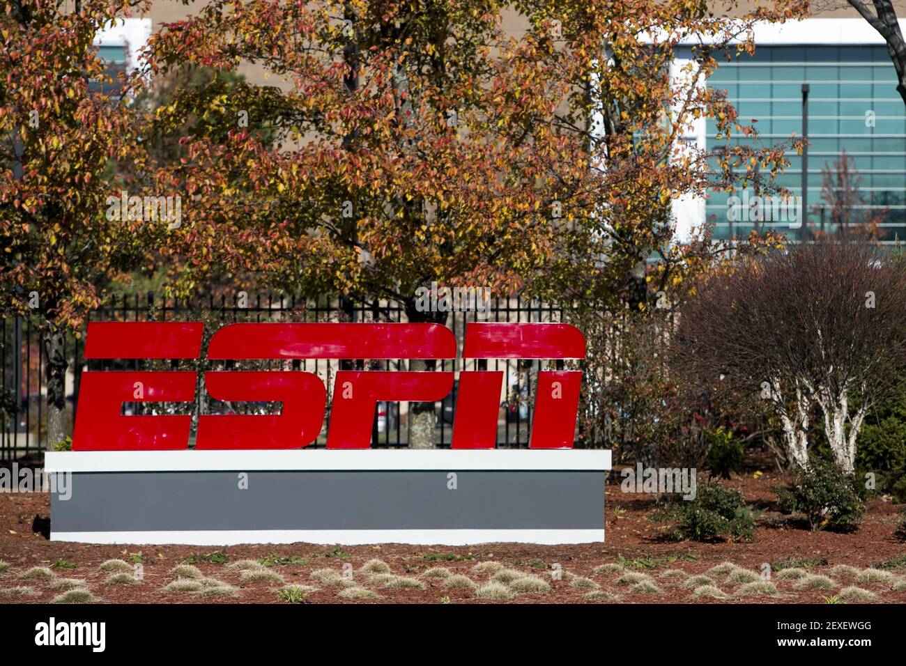 A logo sign outside of the headquarters of ESPN in Bristol, Connecticut ...
