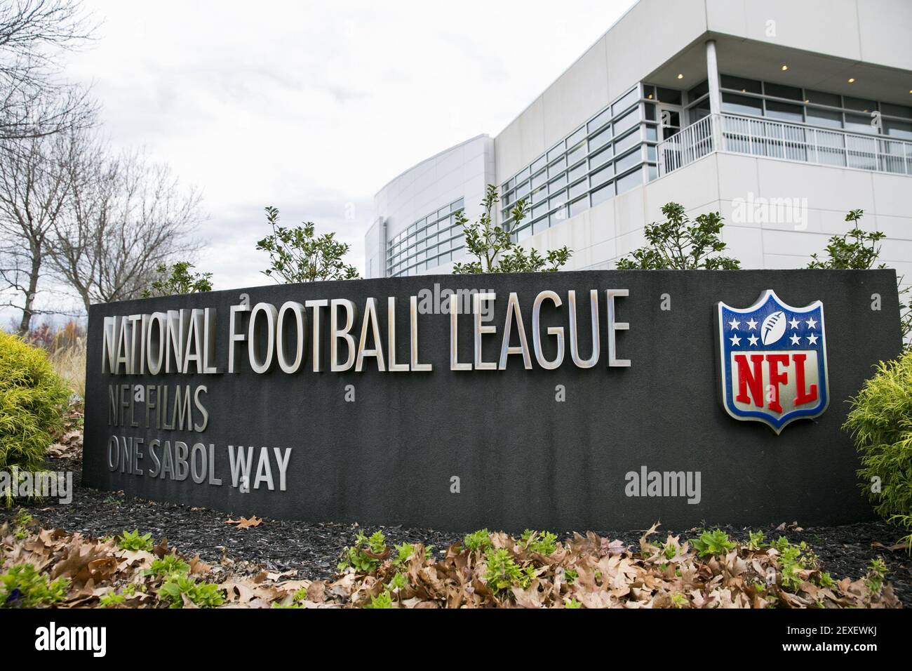 A logo sign outside of the headquarters of NFL Films in Mount Laurel ...