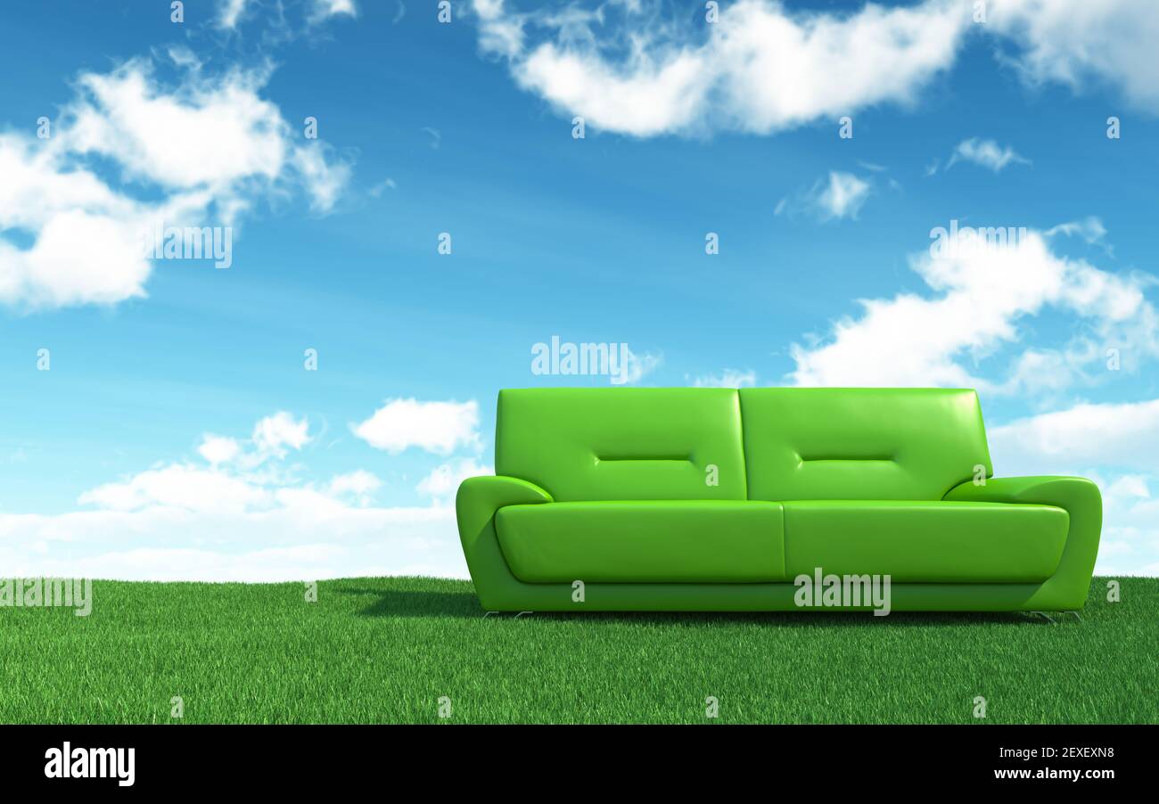 Isolated Green Sofa on Grass Field Stock Photo - Alamy