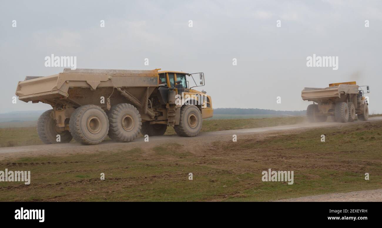 yellow Volvo A40E and A40F articulated dump truck earth movers in a ...
