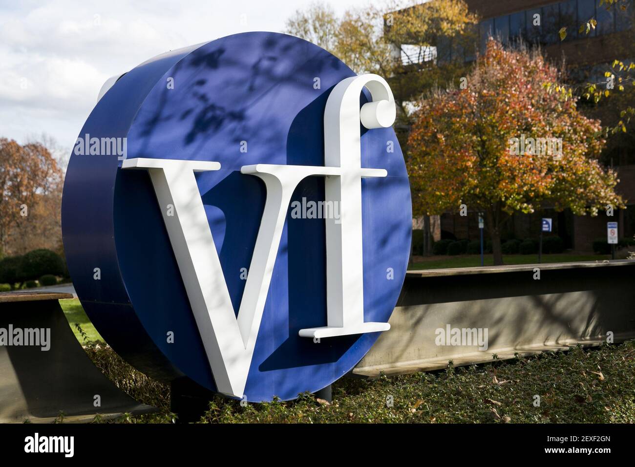 A logo sign outside of the headquarters of the VF Corporation in ...