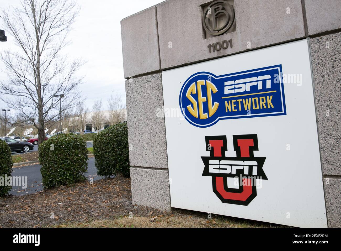 A logo sign outside the headquarters of ESPNU and the SEC Network in ...