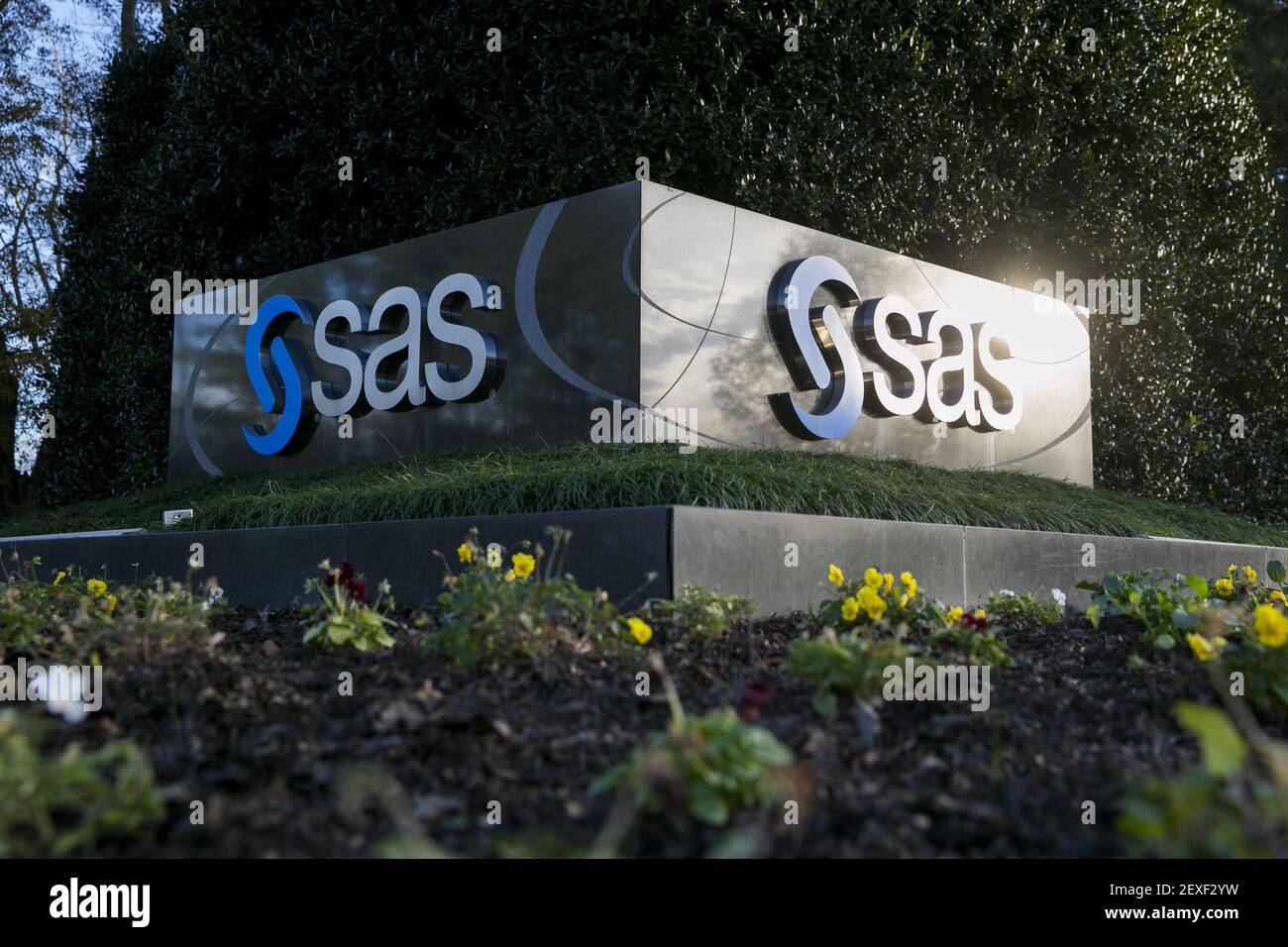 A logo sign outside of the headquarters of SAS Institute Inc., in Cary ...