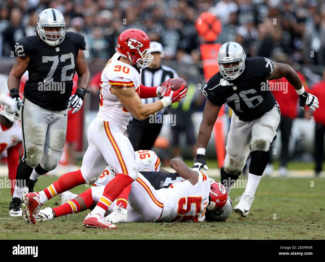 Kansas City Chiefs inside linebacker Josh Mauga (90) runs for yardage ...