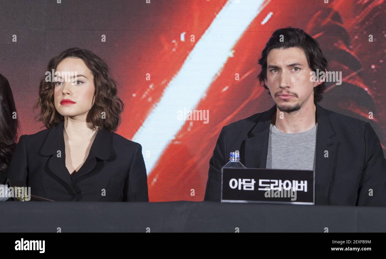 Daisy Ridley and Adam Driver attend a press conference for the new ...