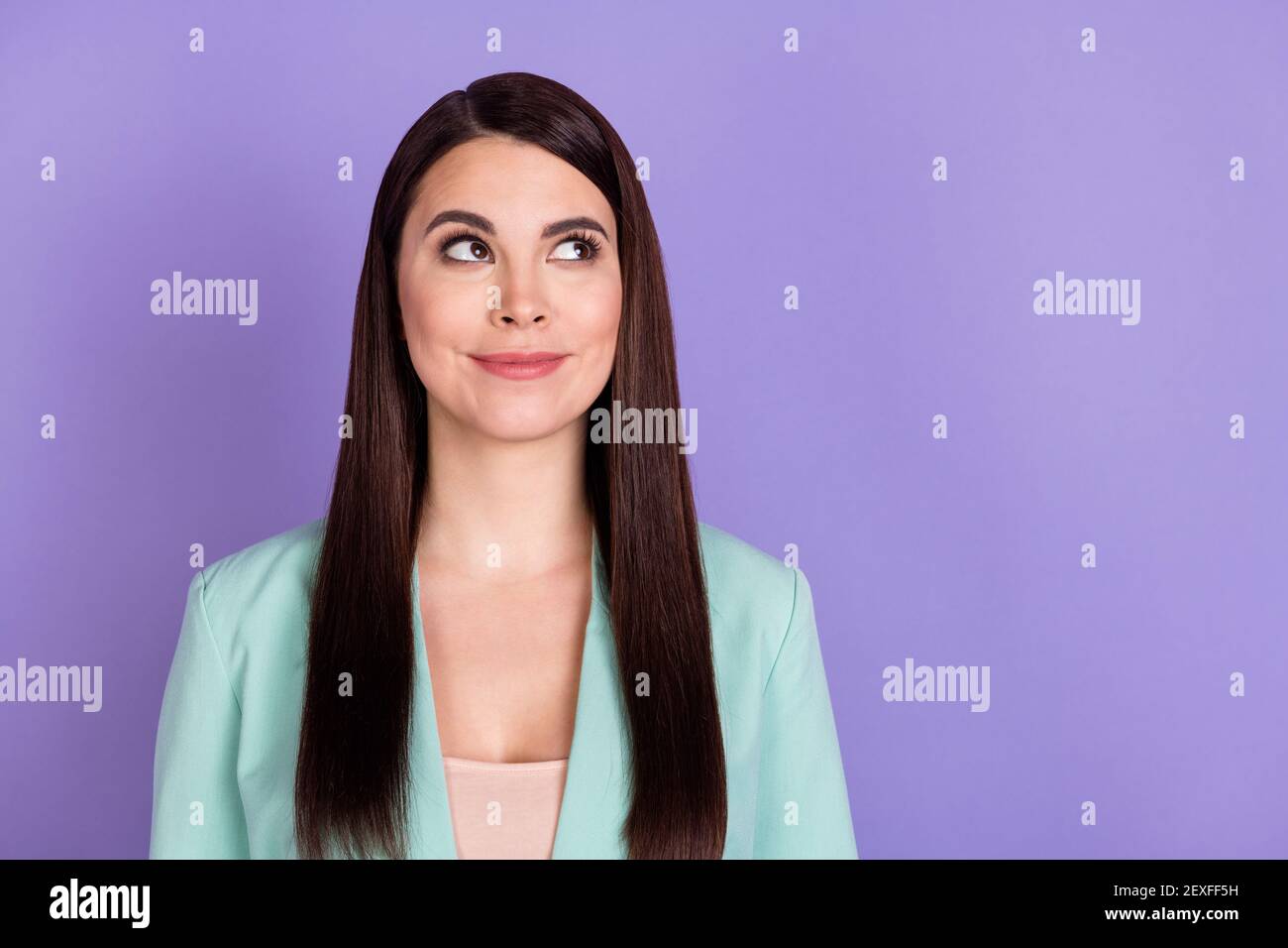 Photo of dreamy pretty young woman look empty space imagine idea plan ...