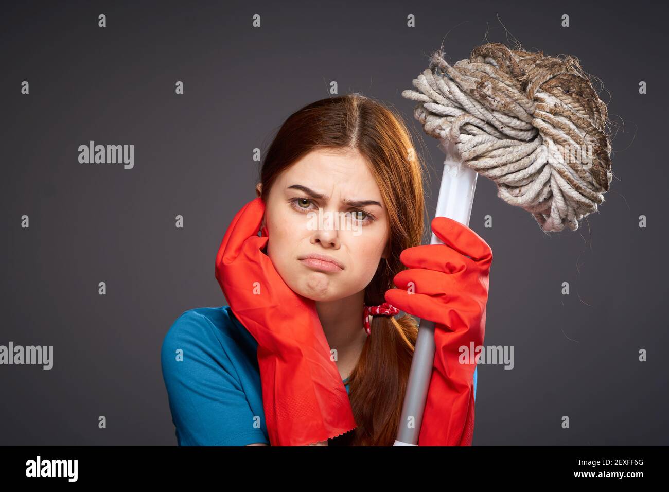 emotional cleaning lady holding rubber gloves on chest emotions service ...