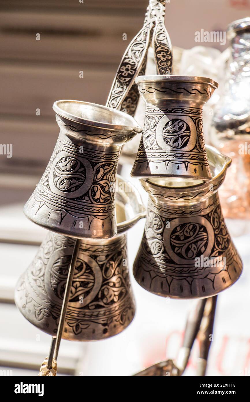Turkish coffee pots made in a traditional style Stock Photo - Alamy
