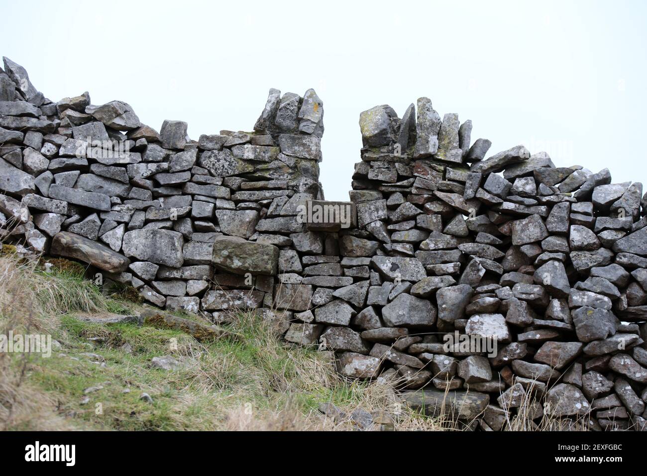 Drystone wall stile linking fields in the Derbyshire Peak District ...