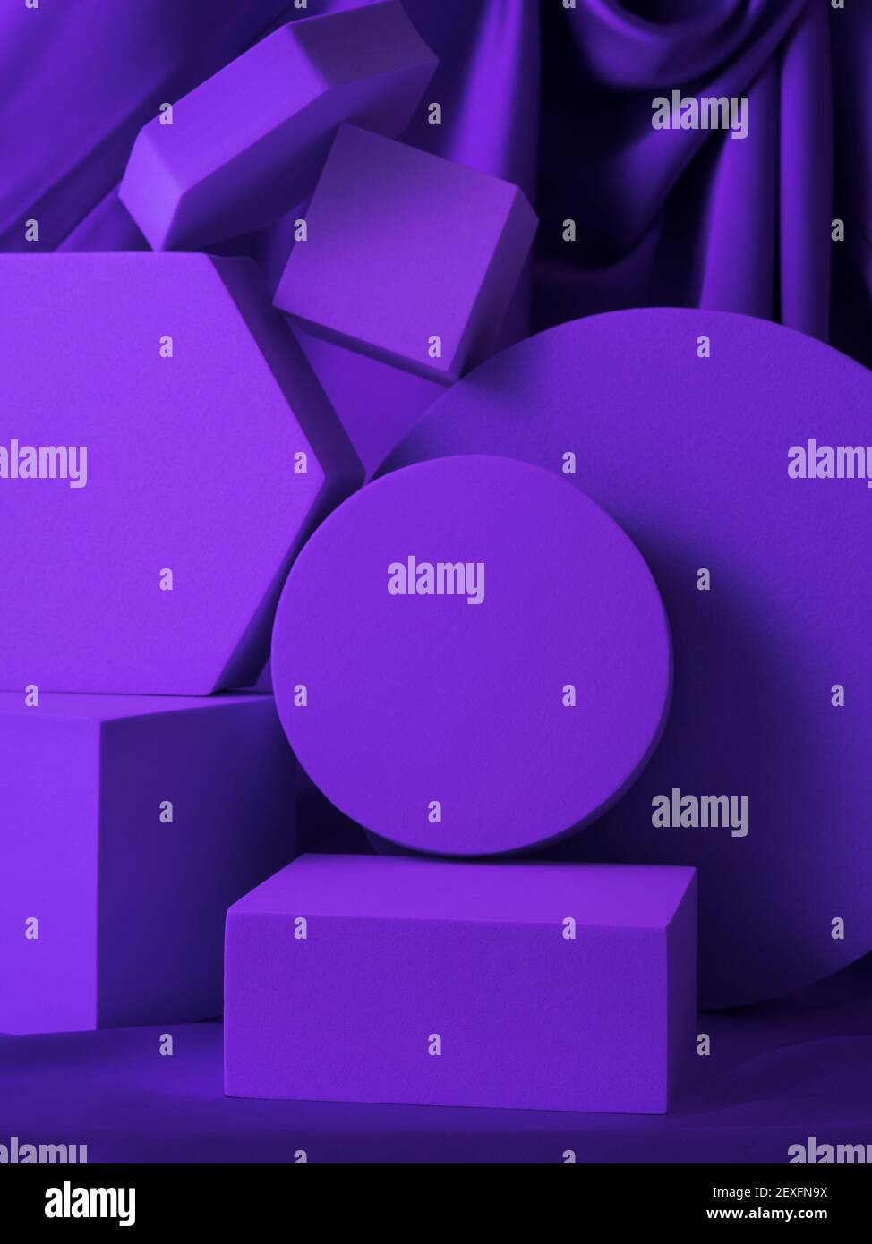 Geometric shapes purple stand podium mockup for product display on silk ...