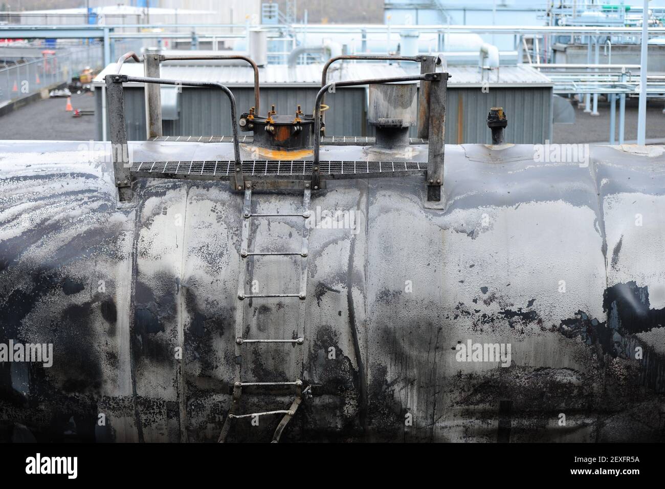 Damage to a rail tanker pictured in Northwest Portland, Ore., on ...