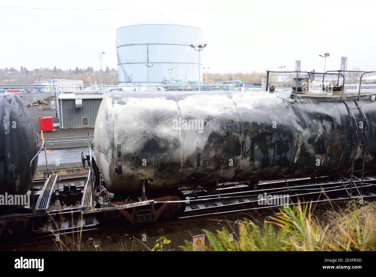 Damage to a rail tanker pictured in Northwest Portland, Ore., on ...