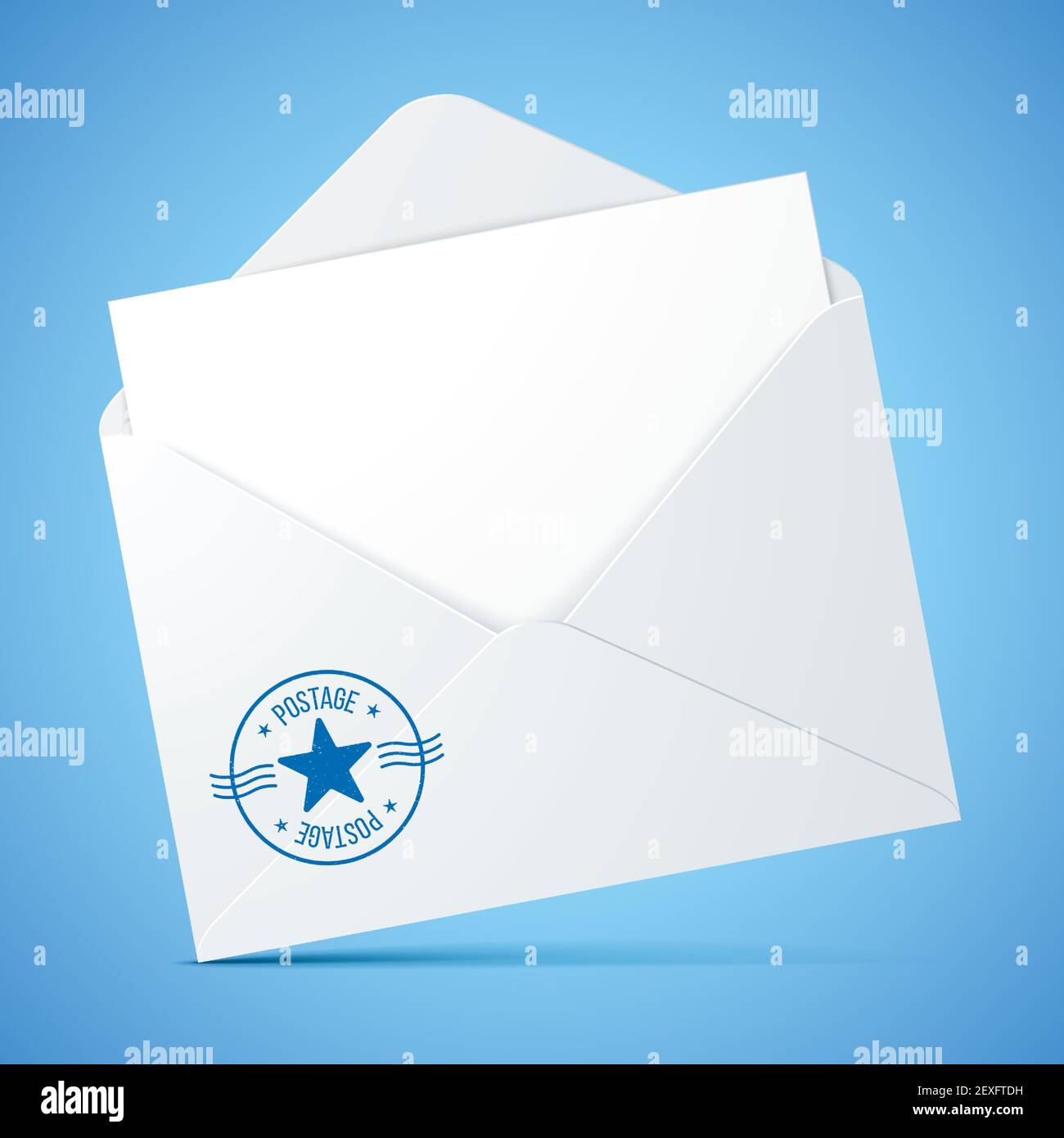 White opened envelope with postal service stamp, and a blank letter ...