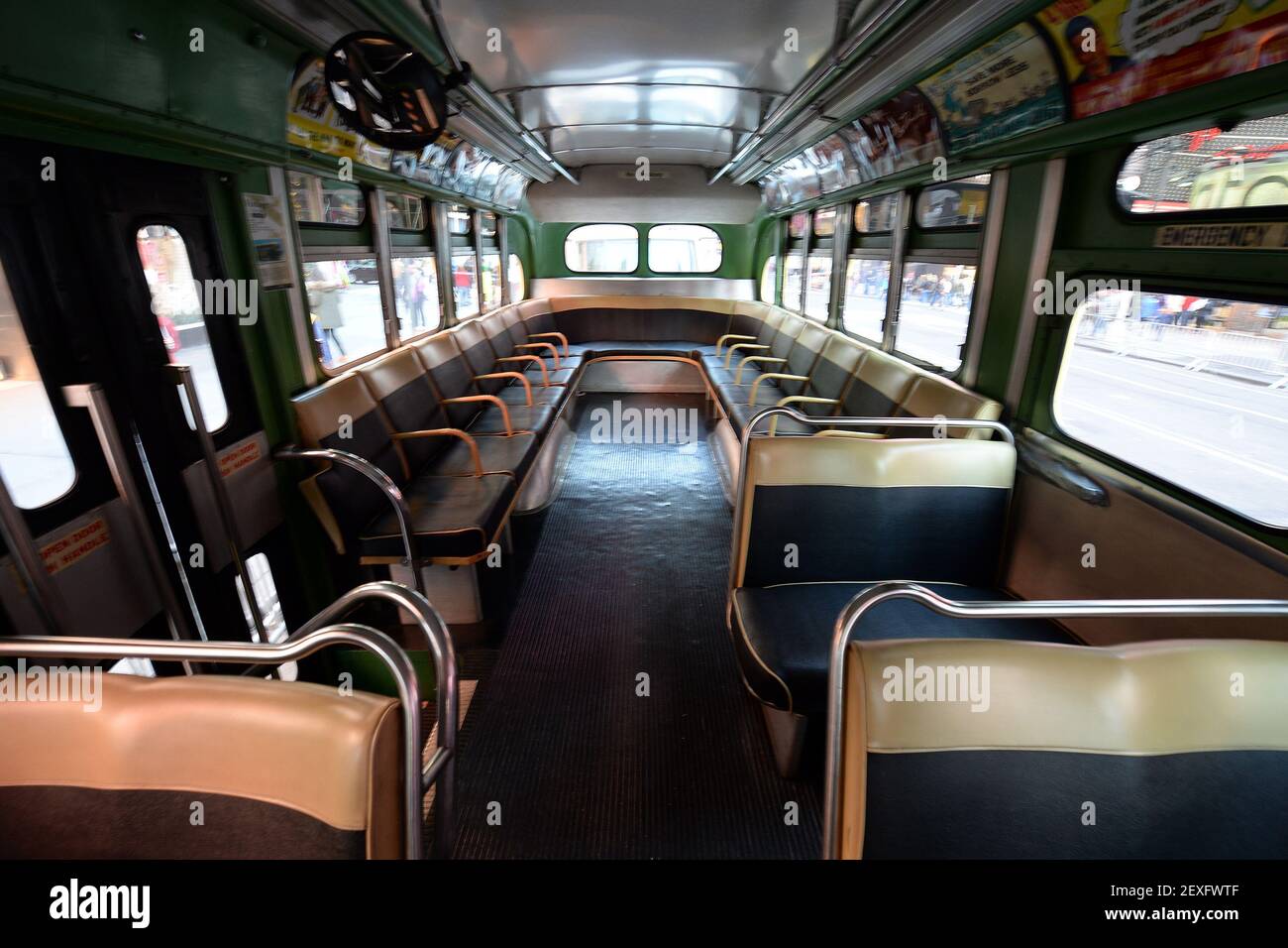 Interior view of a vintage 1956 GM New York City Transit bus parked in ...