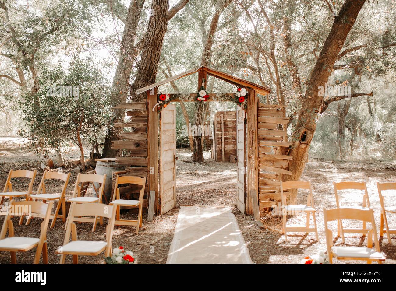 Vintage rustic venue in eucalyptus forest. Rustic wooden outdoor ...