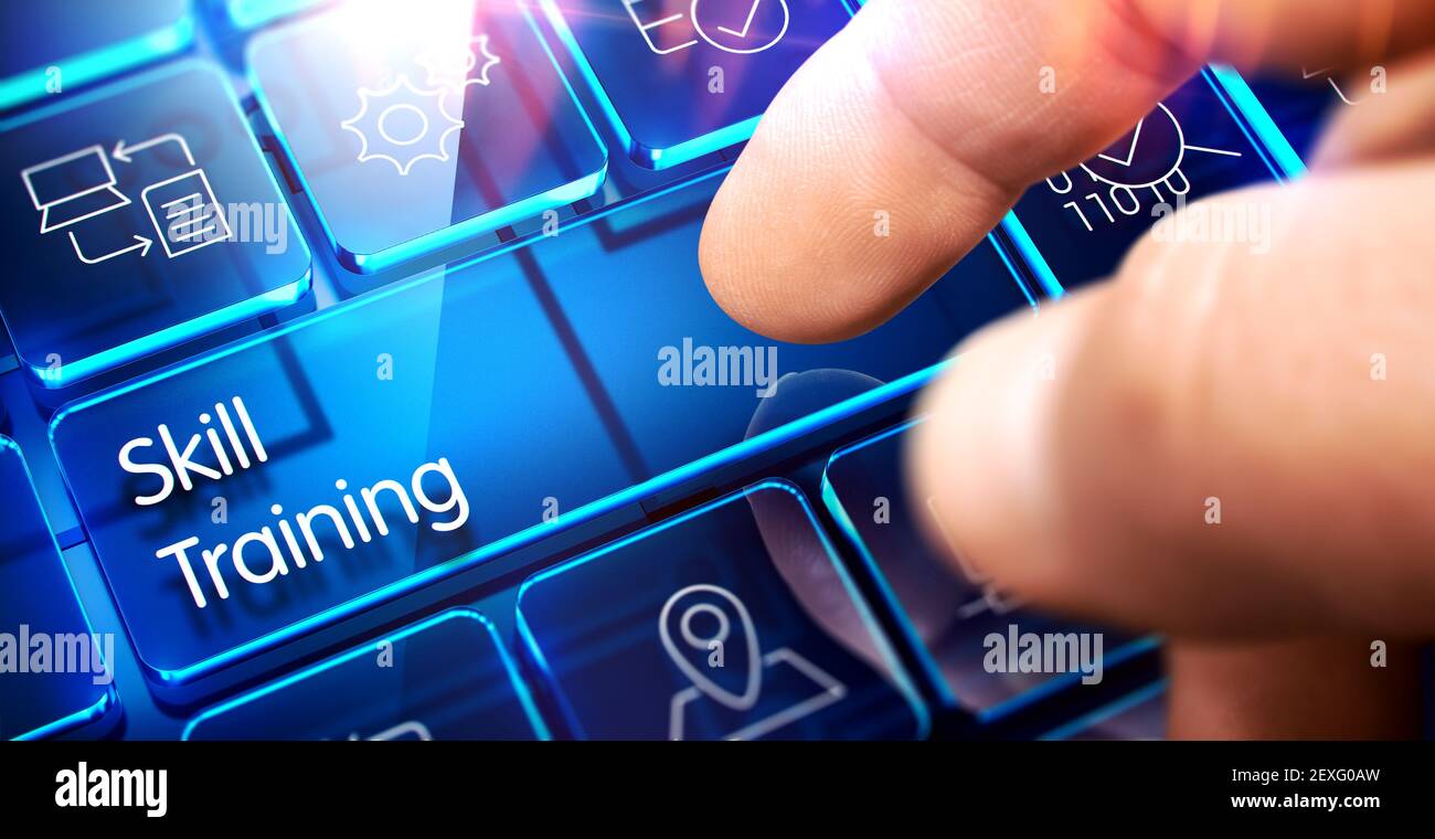 Skill Training Written on Blue Key of Futuristic Keyboard. Skill ...
