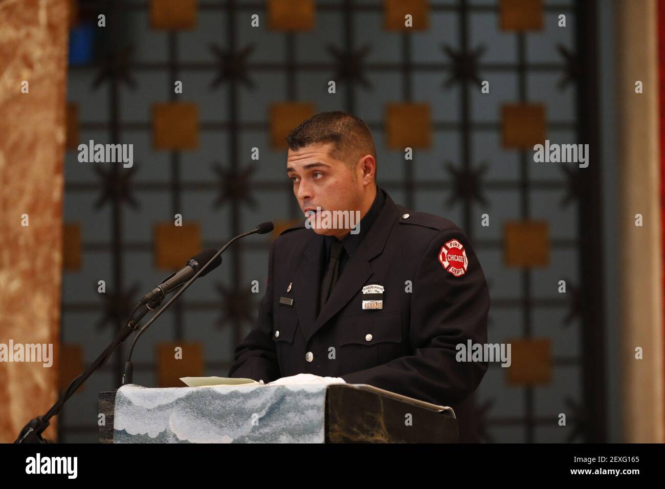 Firefighter Anthony Richko speaks at Chicago firefighter Daniel Capuano ...
