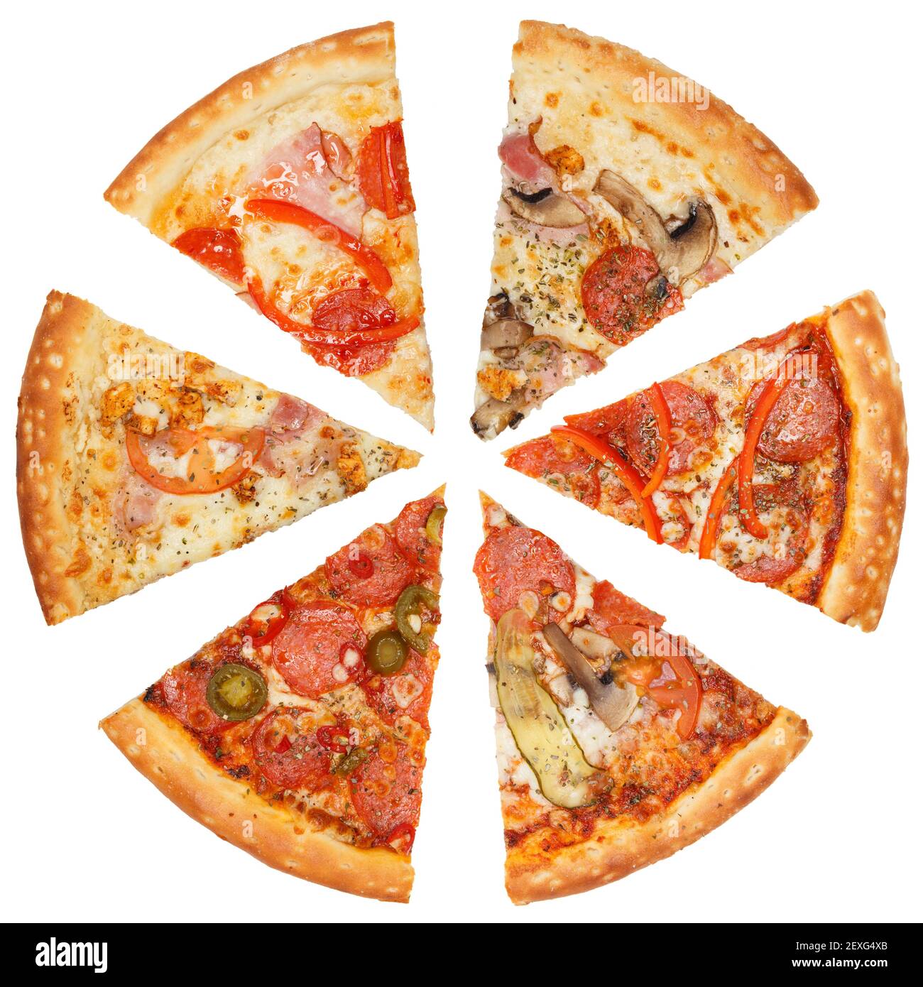 Mix of six different pizzas isolated on white background. Menu concept ...