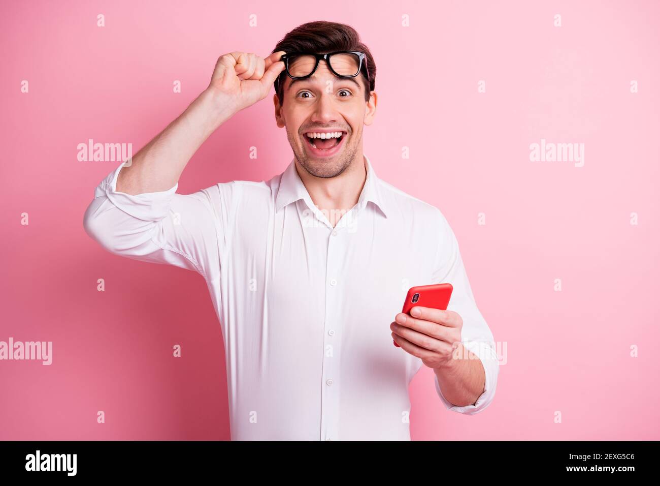 Portrait of astonished person open mouth arm taking off glasses good ...