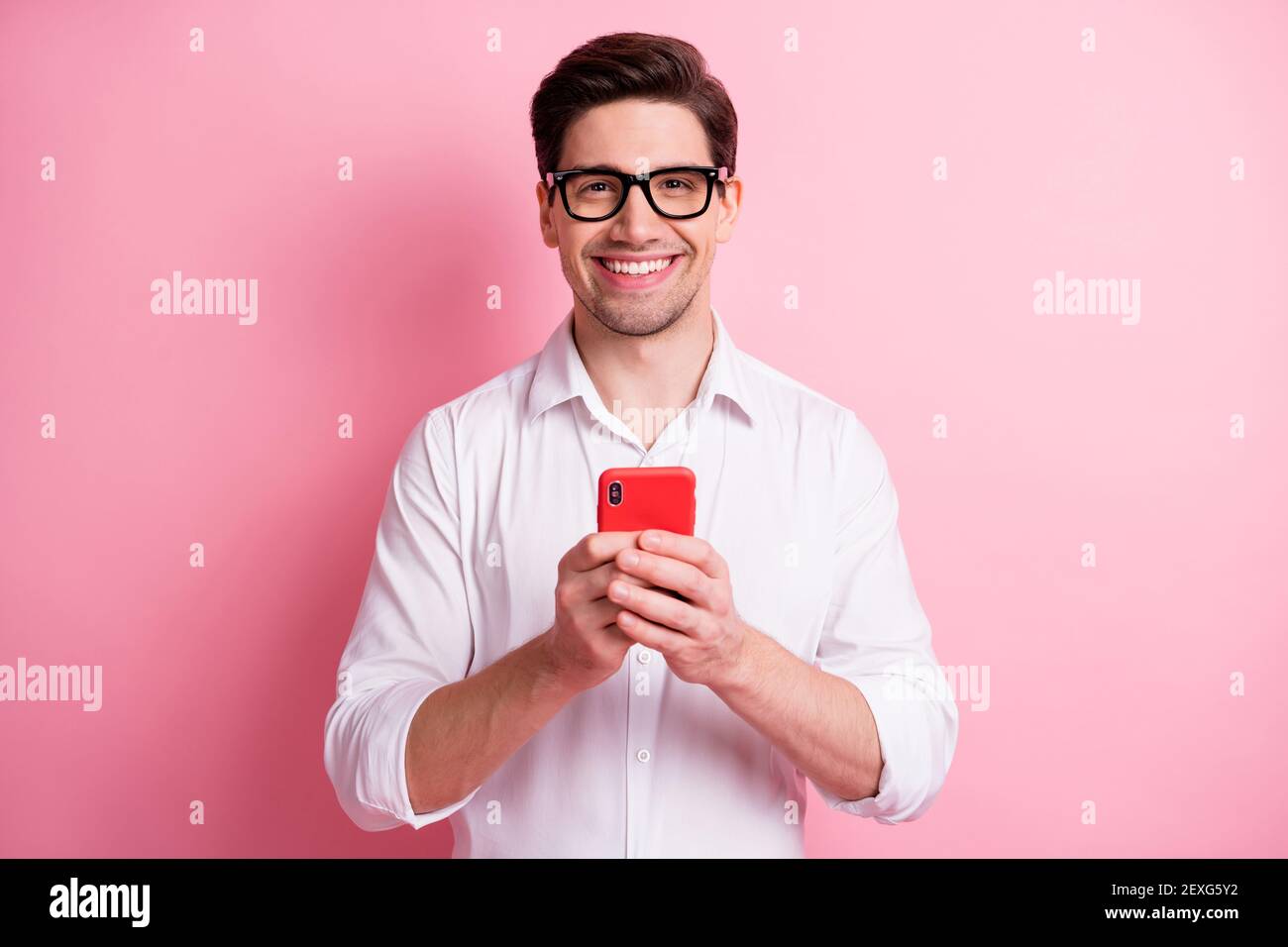 Photo of optimistic nice guy type telephone wear spectacles white shirt ...