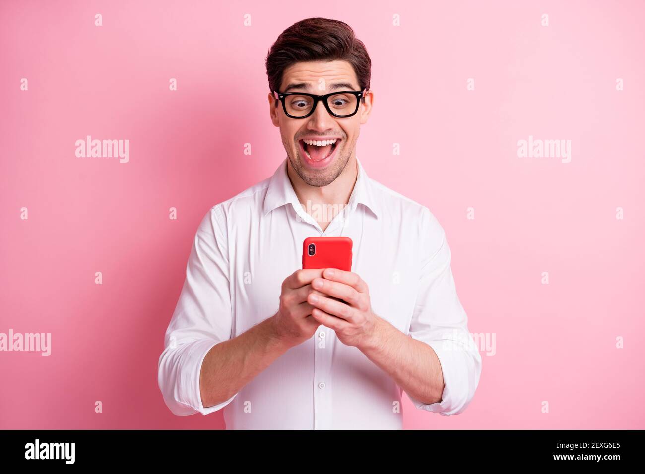 Photo of impressed handsome guy open mouth unbelievable comment ...