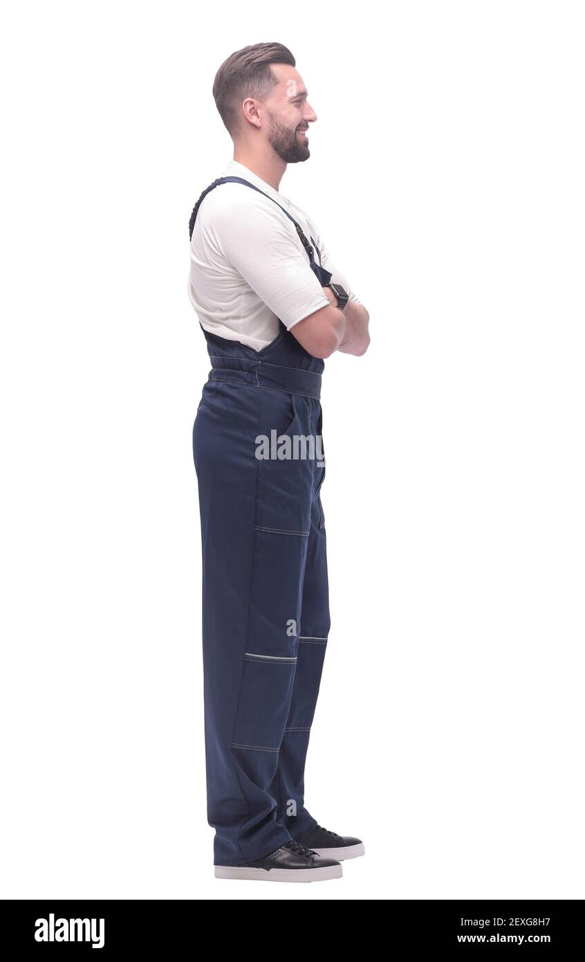 side view. smiling man in overalls looking forward to copy space Stock ...