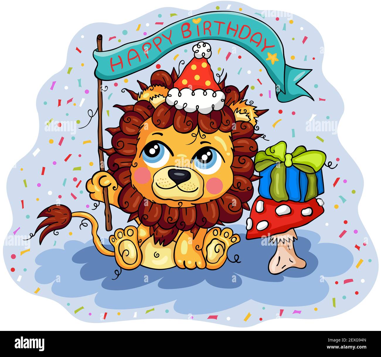 Happy birthday illustration with cute lion Stock Photo - Alamy