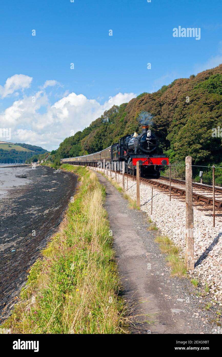England, Devon, GWR Steam Locomotive No. 7827 'Lydham Manor' arriving ...
